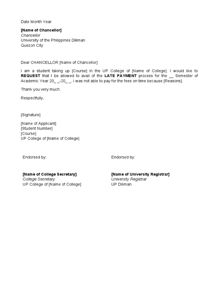 Sample Application For Late Payment (UP Diliman) | PDF