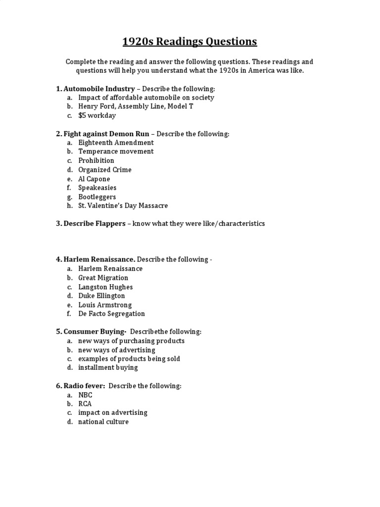 1920s America: Key Readings & Questions | PDF | Entertainment (General ...