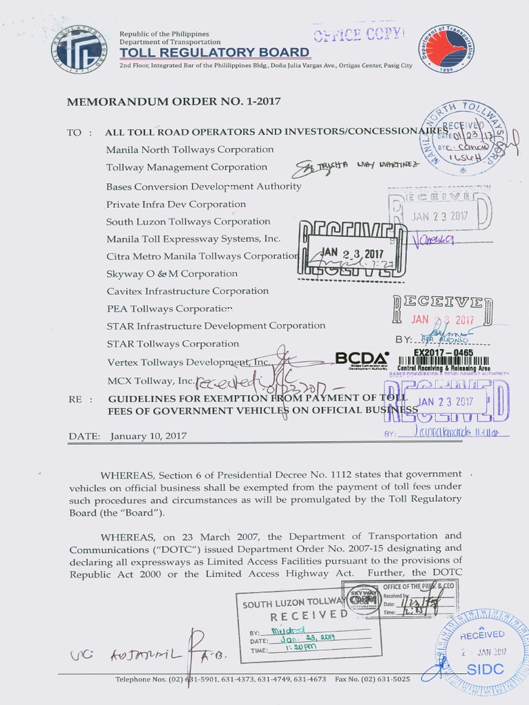 Guidelines For The Exemption From Payment of Toll Fee of Government ...