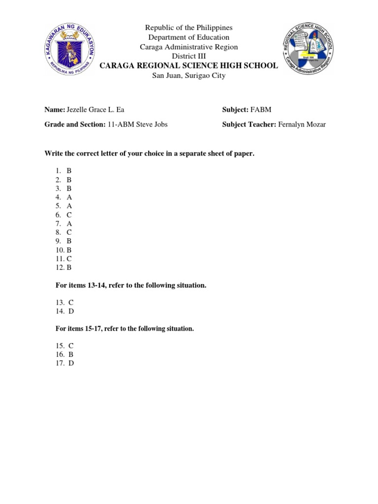 Caraga Regional Science High School: Subject: FABM | PDF | Debits And ...
