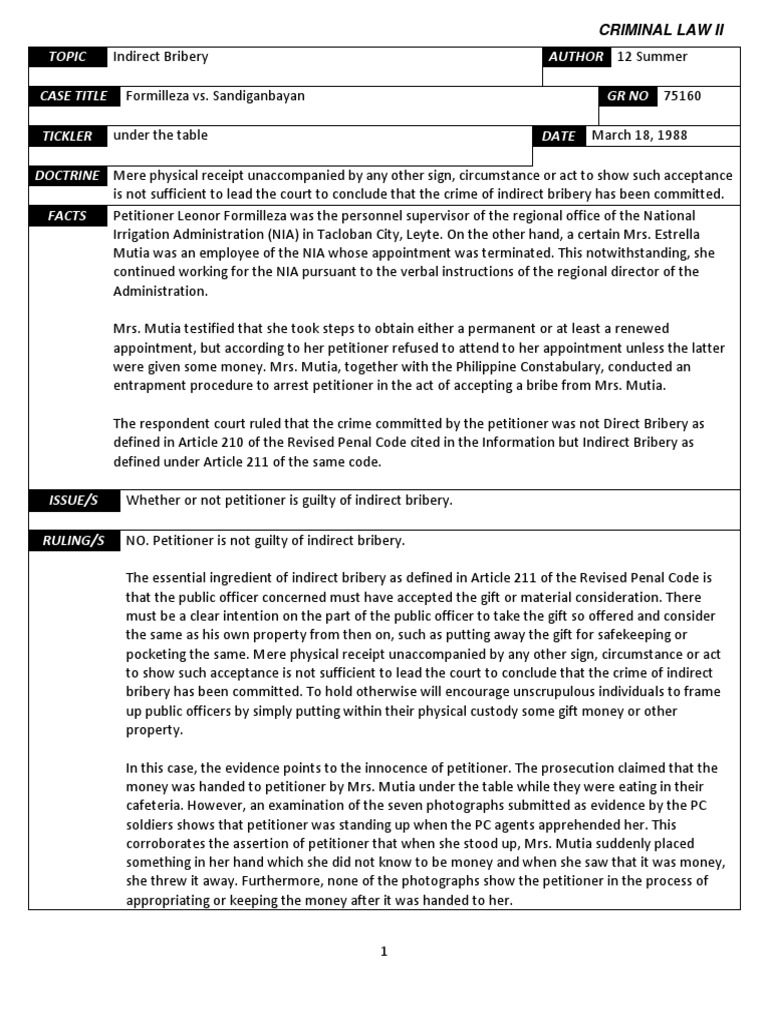 #12 - Formilleza Vs Sandiganbayan | PDF | Bribery | Criminal Law