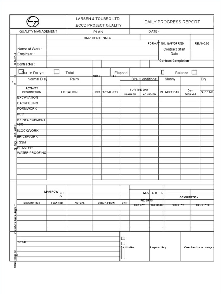 Larsen & Toubro LTD., Eccd Project Quality Plan: Daily Progress Report ...