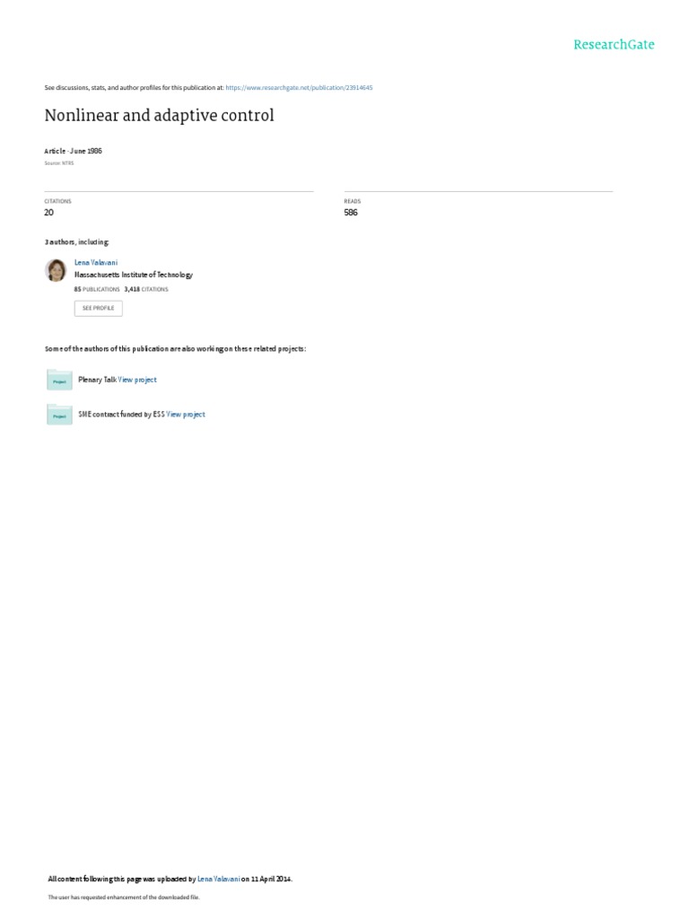 Nonlinear and Adaptive Control: June 1986 | PDF | Control Theory ...