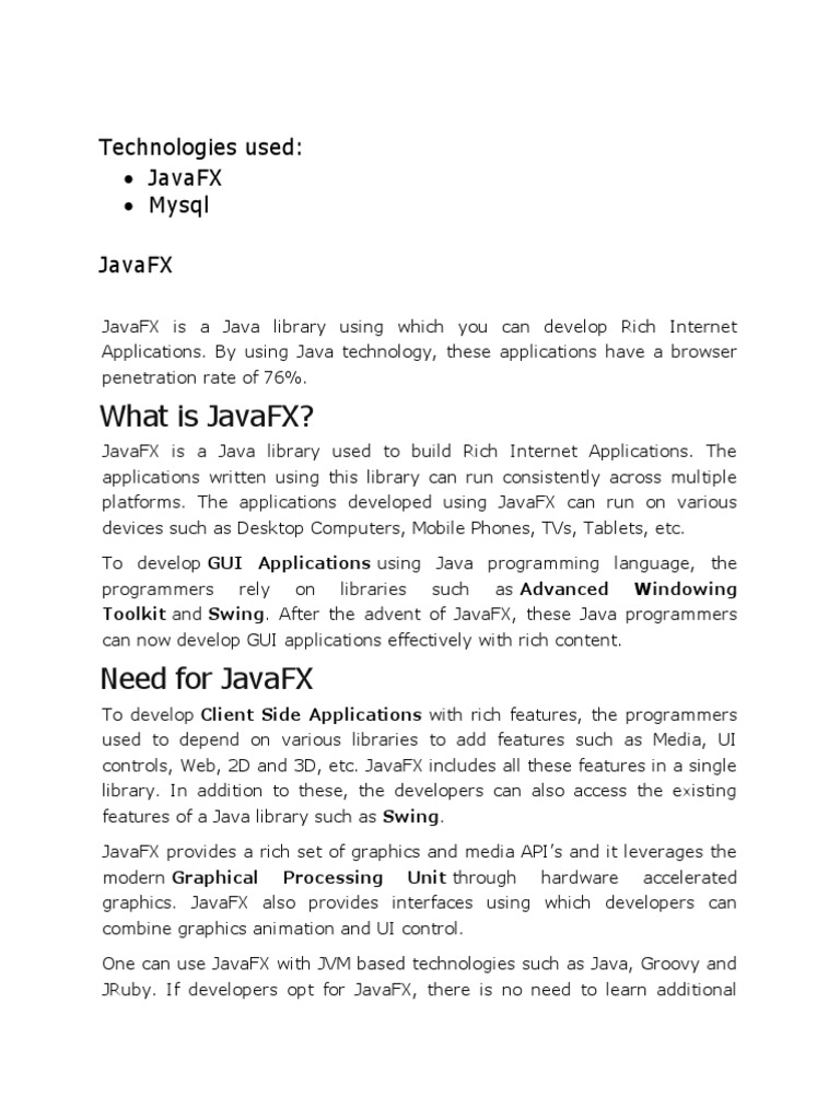 Technologies Used JavaFx Mysql | PDF | Java (Programming Language) | My Sql Technologies Used JavaFx Mysql | PDF | Java (Programming Language) | My Sql