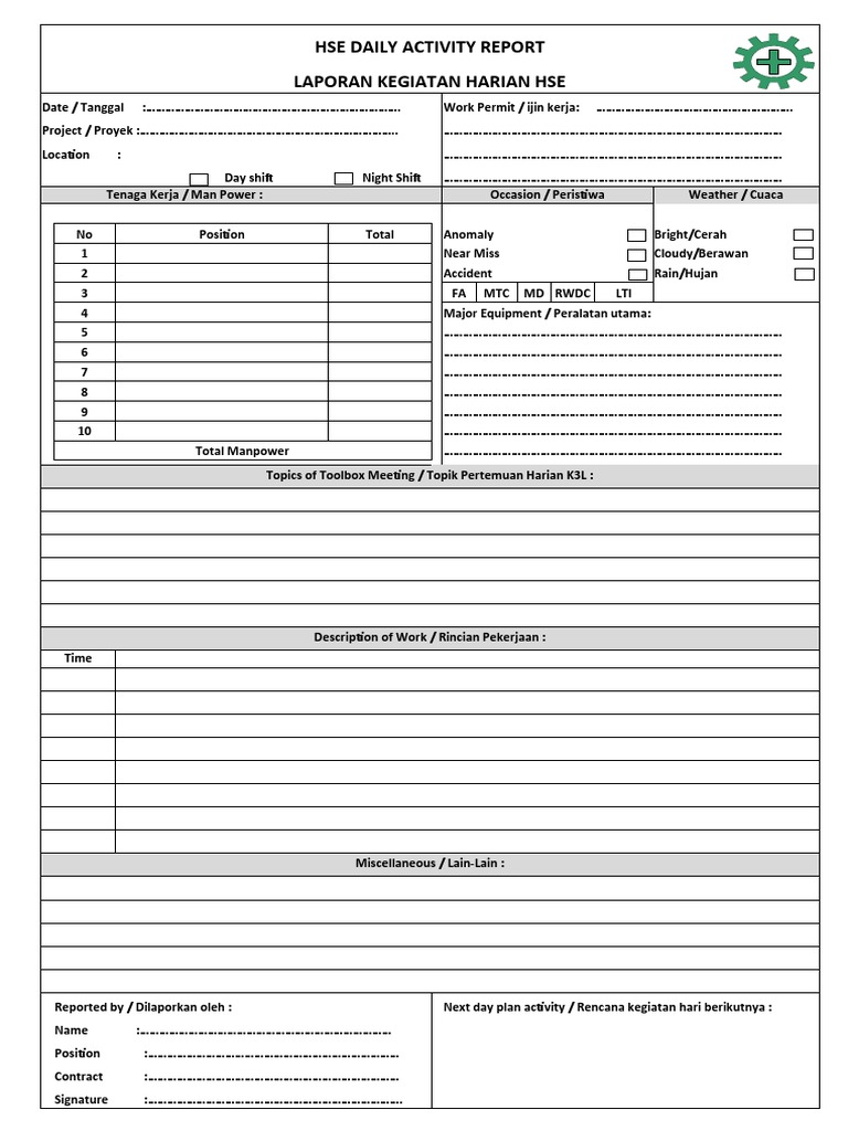 Hse Daily Activity Report Laporan Kegiatan Harian Hse | PDF | Law | Technology & Engineering