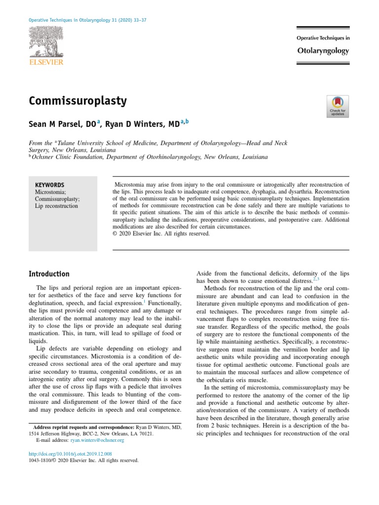 Commissuroplasty: Sean M Parsel, DO, Ryan D Winters, MD | PDF | Lip ...