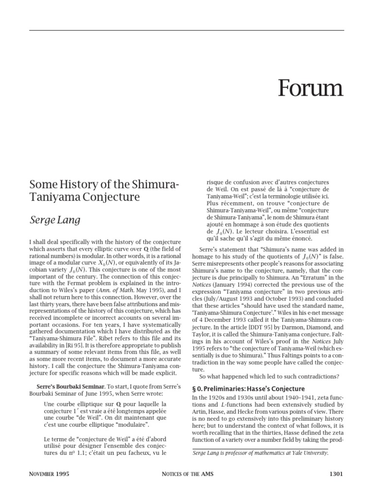 Lang S Some History of The Shimura Taniyama Conjecture 1995 | PDF ...