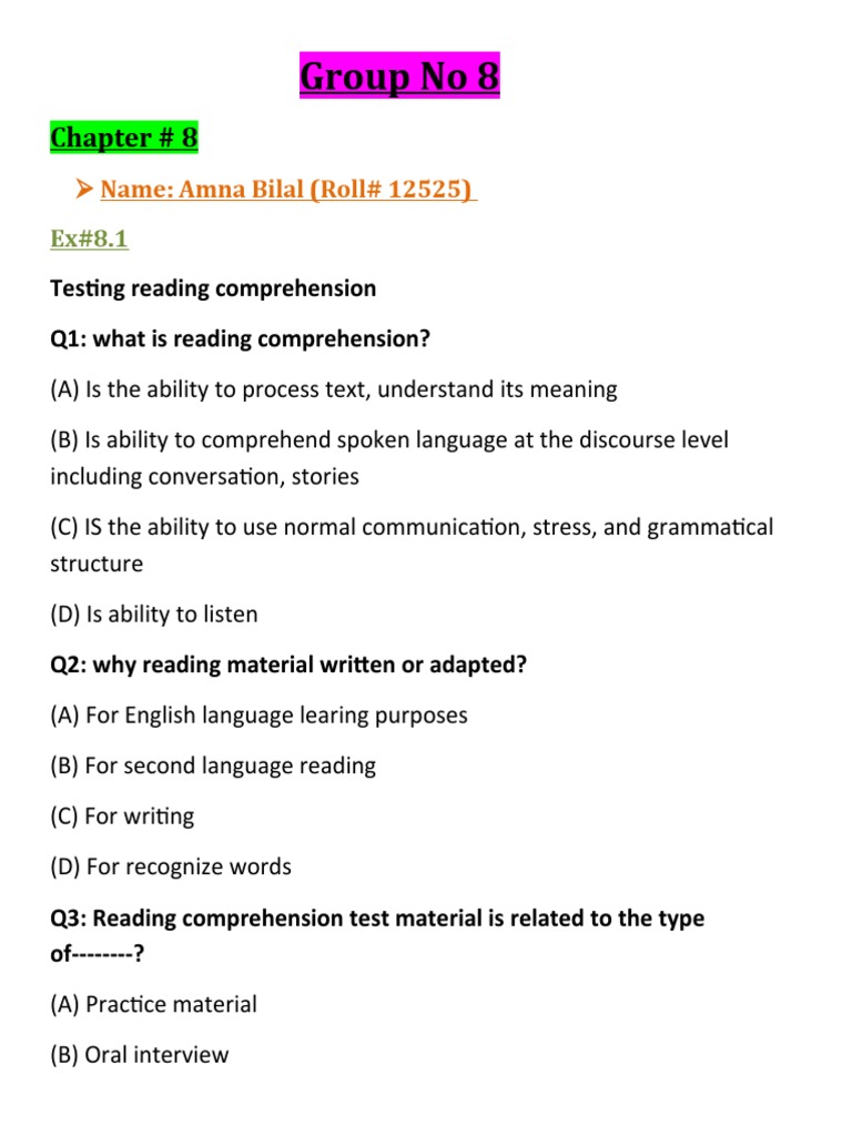 Testing Reading Comprehension MCQS | PDF | Speed Reading | Reading ...
