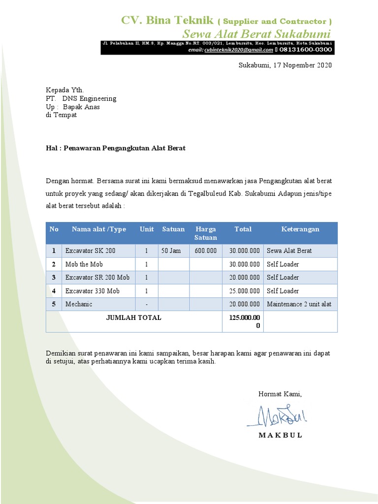 Penawaran Sewa Alat Berat Sukabumi | PDF