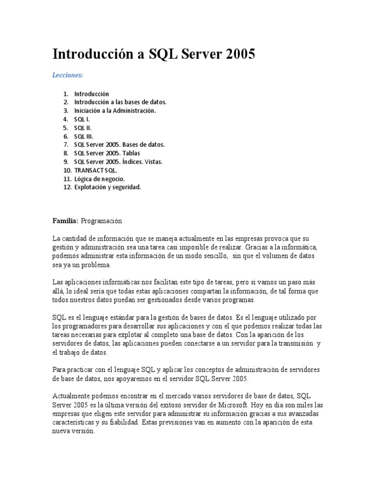 Introducción A SQL Server 2005 | PDF | Servidor SQL de Microsoft | Microsoft Windows
