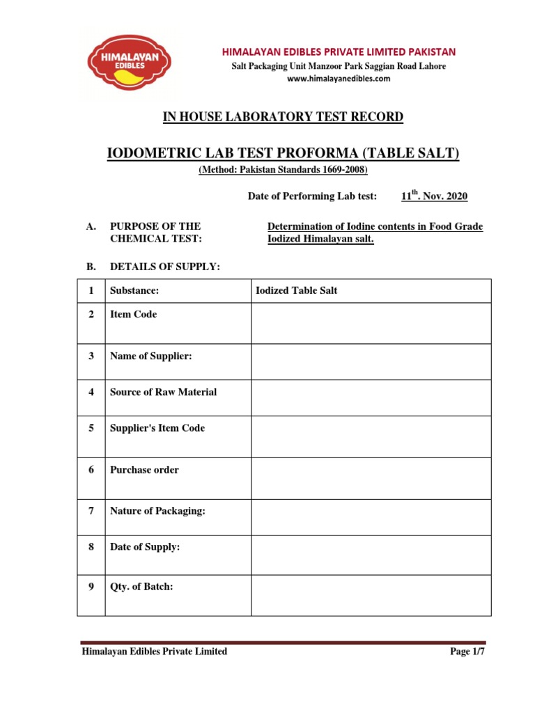 In House Lab Iodometric Test Format | PDF | Sodium Chloride | Titration