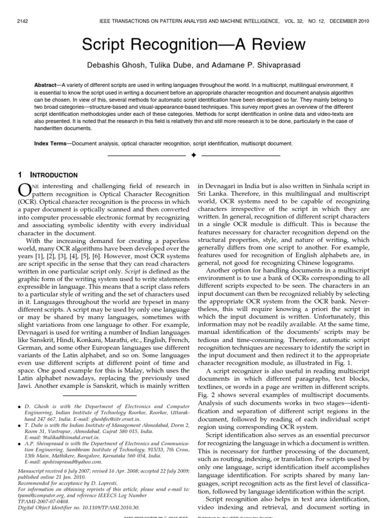 Script Recognition-A Review: Debashis Ghosh, Tulika Dube, and Adamane P ...