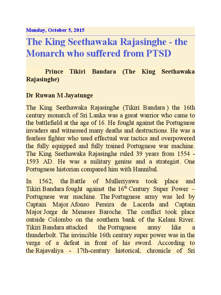 The King Seethawaka Rajasinghe - The Monarch Who Suffered From PTSD ...