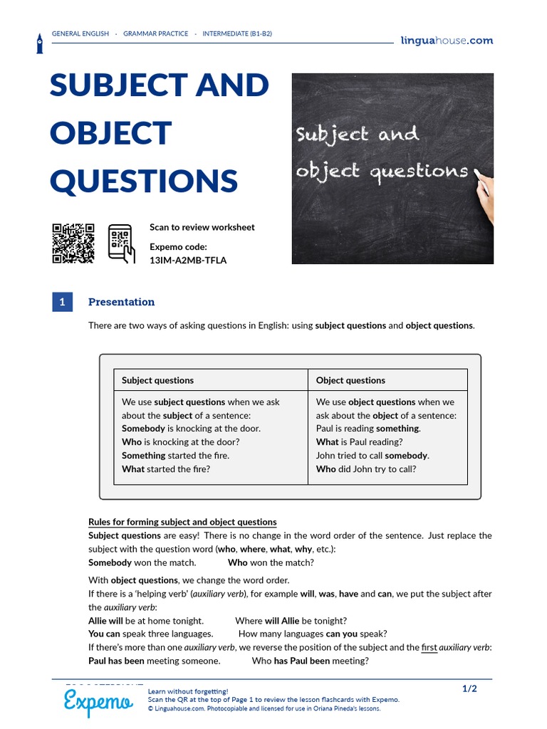 Subject and Object Questions | PDF | Question | Verb