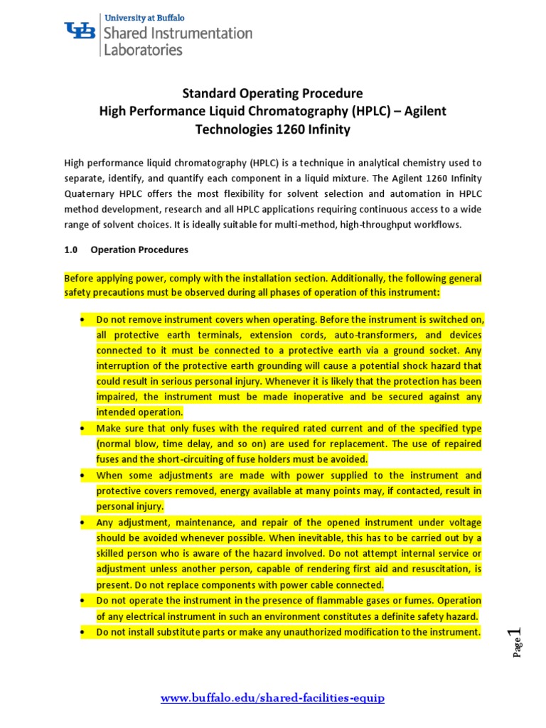 HPLC Standard Operating Procedure for Agilent 1260 Infinity | PDF ...