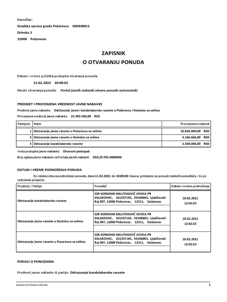 Zapisnik o Otvaranju Ponuda | PDF