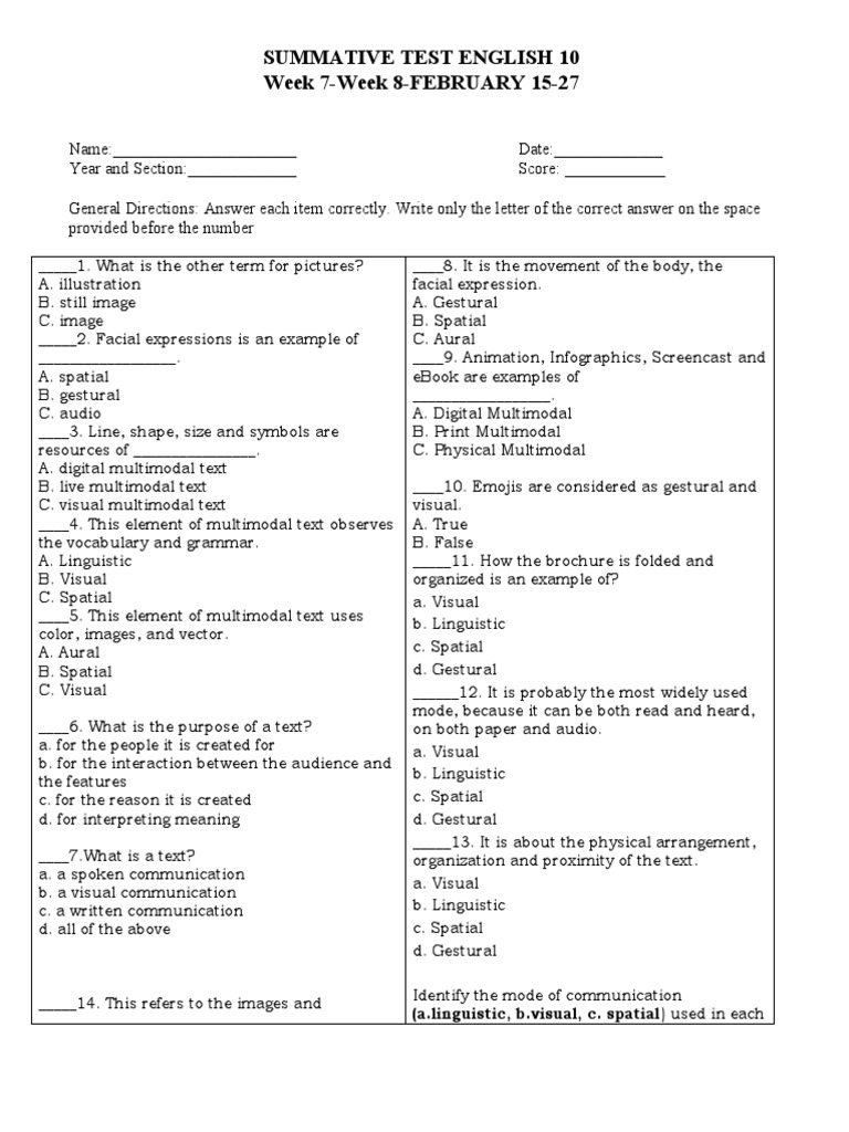 Summative Test English 10 Week7-8 | PDF | Gesture | Writing