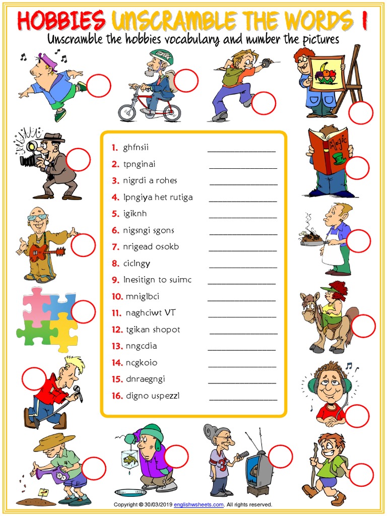 Hobbies Vocabulary Esl Unscramble The Words Worksheets For Kids | PDF ...