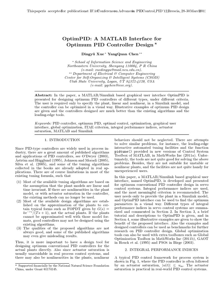 Optimpid: A Matlab Interface For Optimum Pid Controller Design | PDF | Control Theory ...
