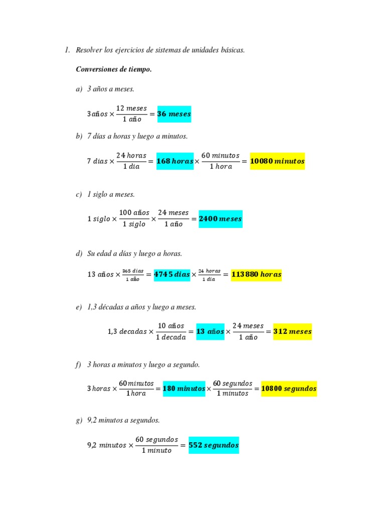 Hoja De Trabajo De Conversión De Unidades De Medida: Respuestas