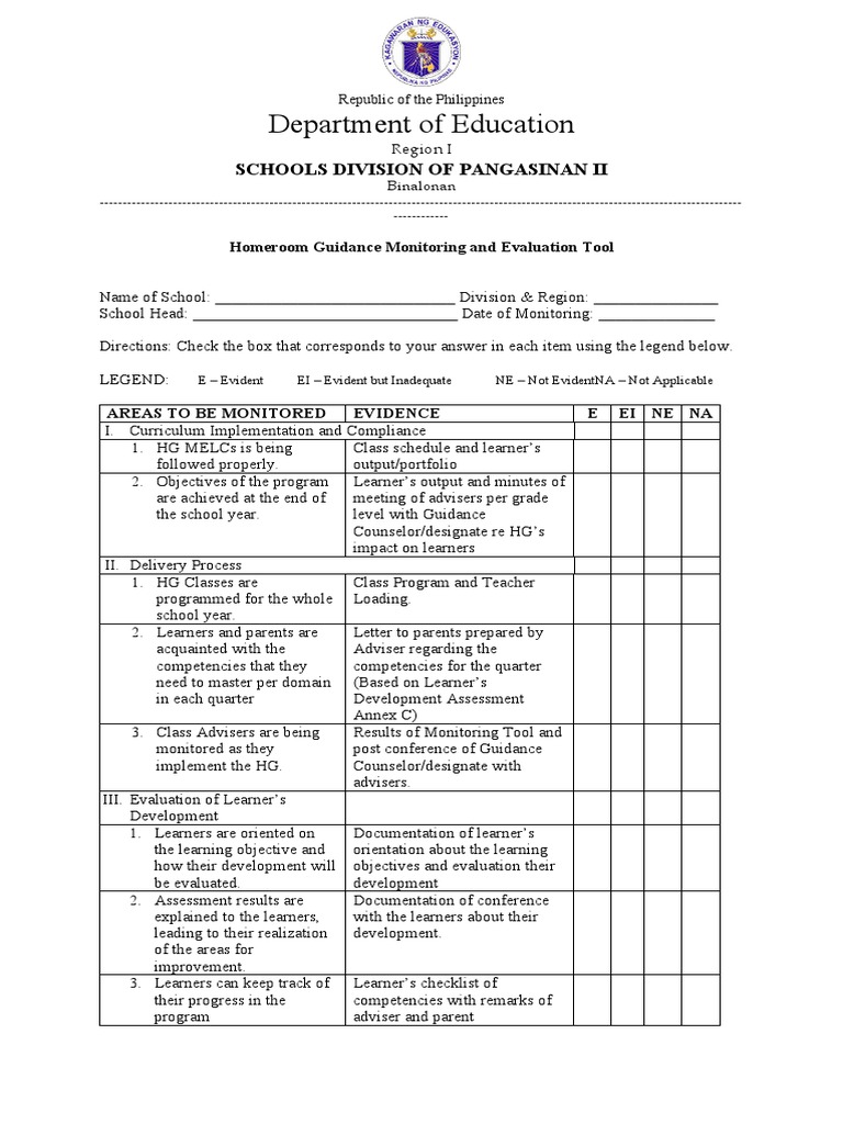 Homeroom Guidance Monitoring and Evaluation Tool Long Portrait | PDF ...