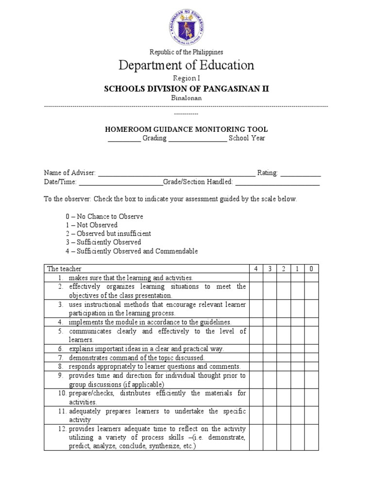 Homeroom Guidance Monitoring Tool Long Portrait | PDF | Educational ...
