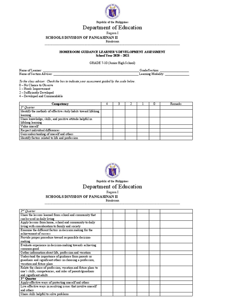 Homeroom Guidance Learner Development Assessment Junior High - A4 ...