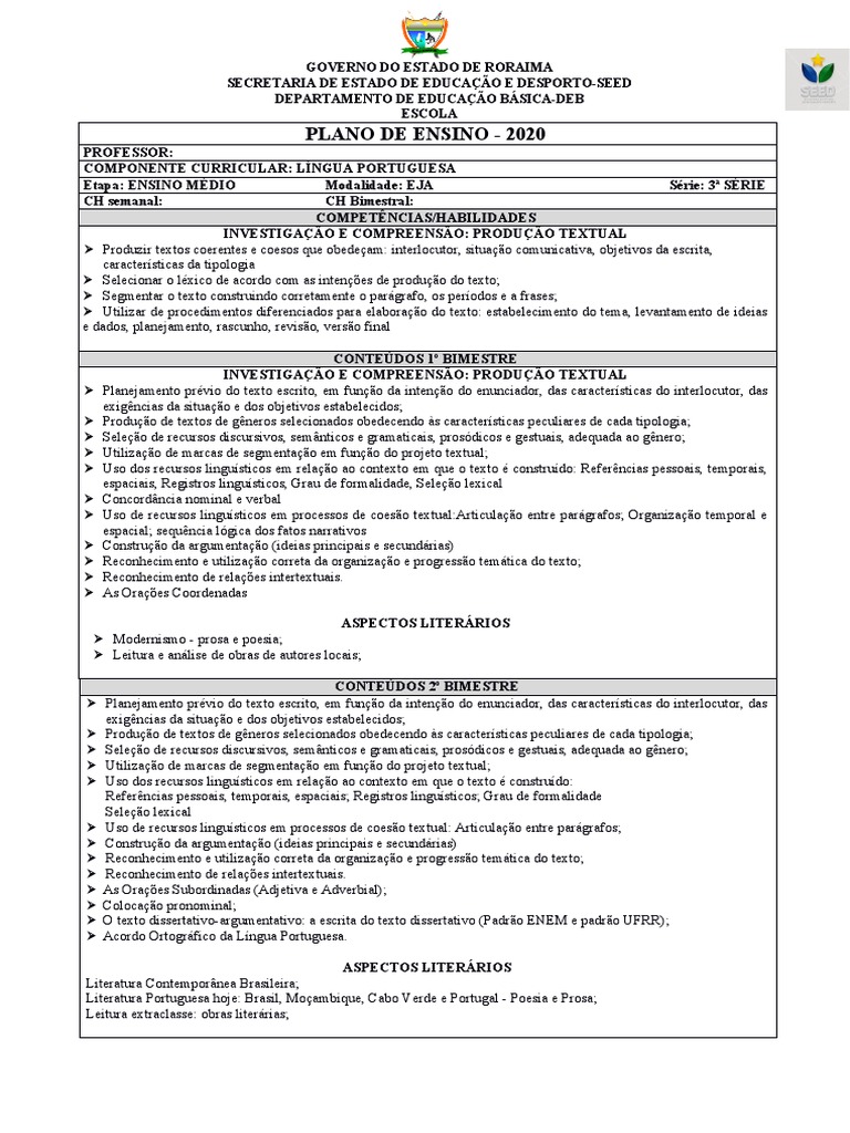 Plano Anual Eja 3 Serie Lport | PDF | Prosa | Estado