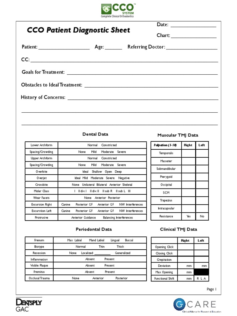 CCO Patient Diagnostic Sheet: Dental Data Muscular TMJ Data | PDF ...