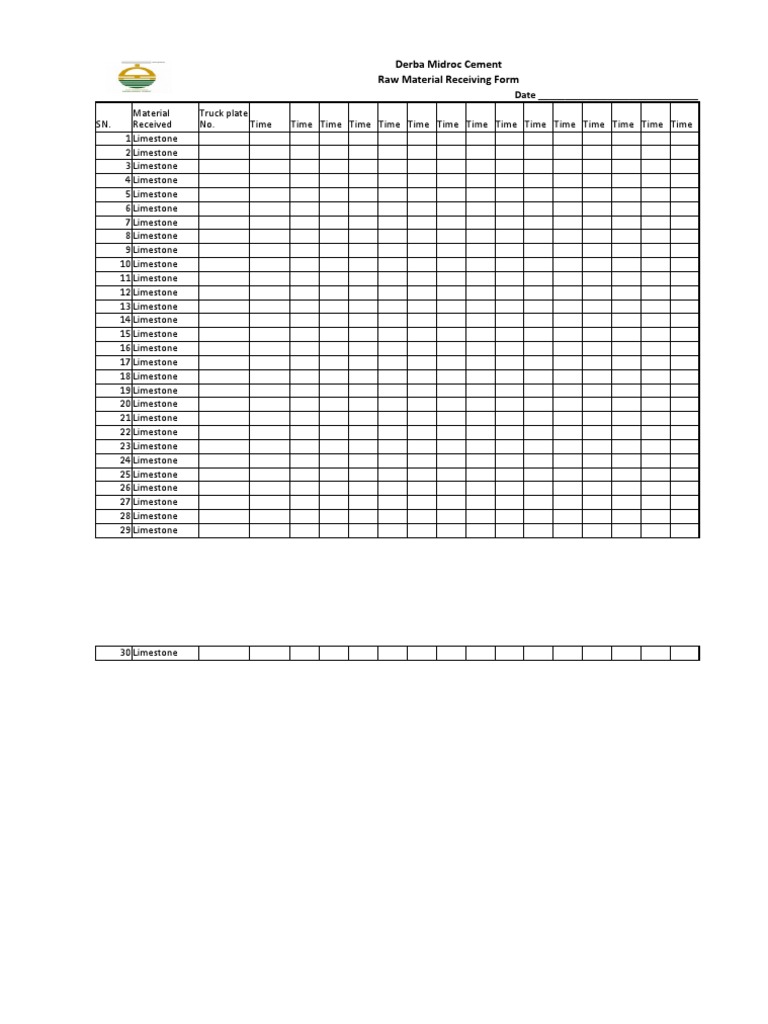 Derba Midroc Cement Raw Material Receiving Form: Date | PDF