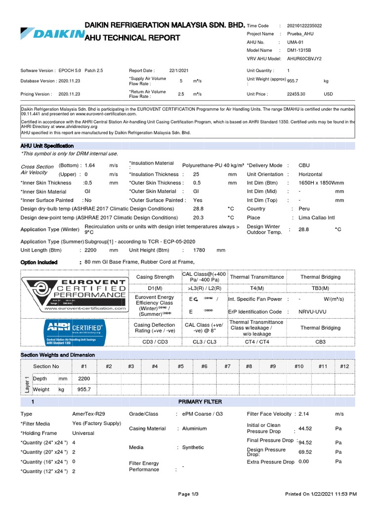 Daikin AHU Technical Report 2021 | PDF | Flow Measurement | Metrology