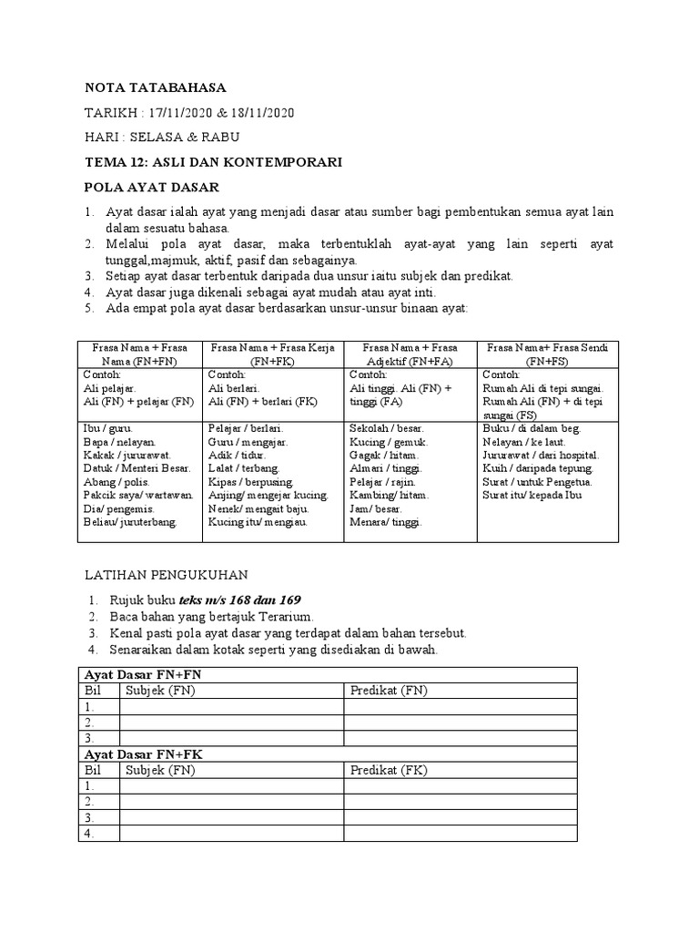Nota Latihan Pola Ayat Dasar Pdf