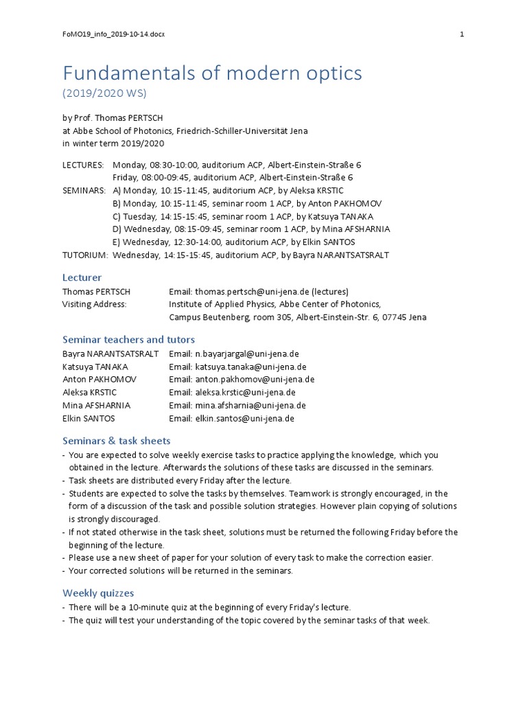 Fundamentals of Modern Optics: Lecturer | PDF | Optics | Diffraction