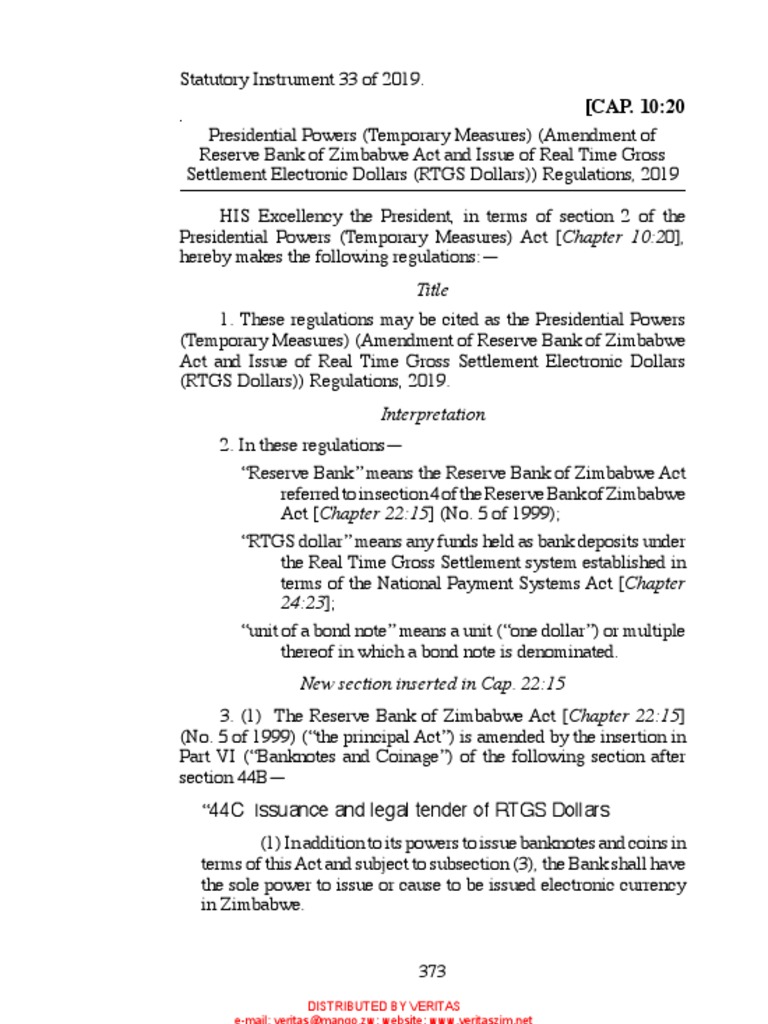 Statutory Instrument 33 of 2019 | PDF | Legal Tender | United States Dollar