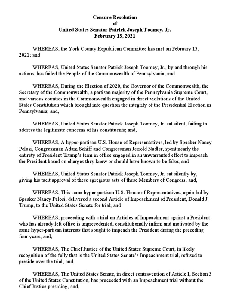 Final Censure Resolution | PDF | Pat Toomey | United States House Of ...