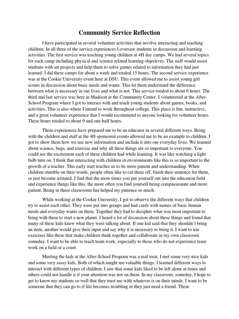 Community Service Reflection Paper | PDF | Volunteering | Learning