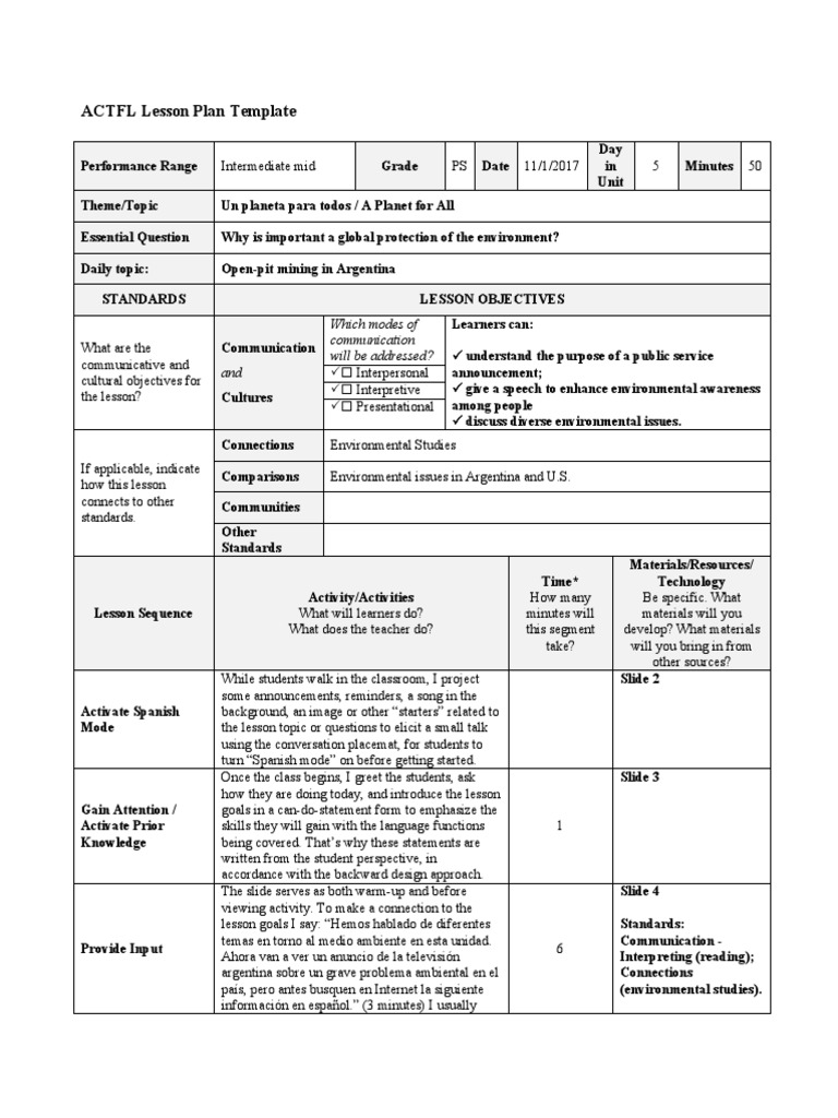 ACTFL Lesson Plan Template: Which Modes of Communication Will Be ...