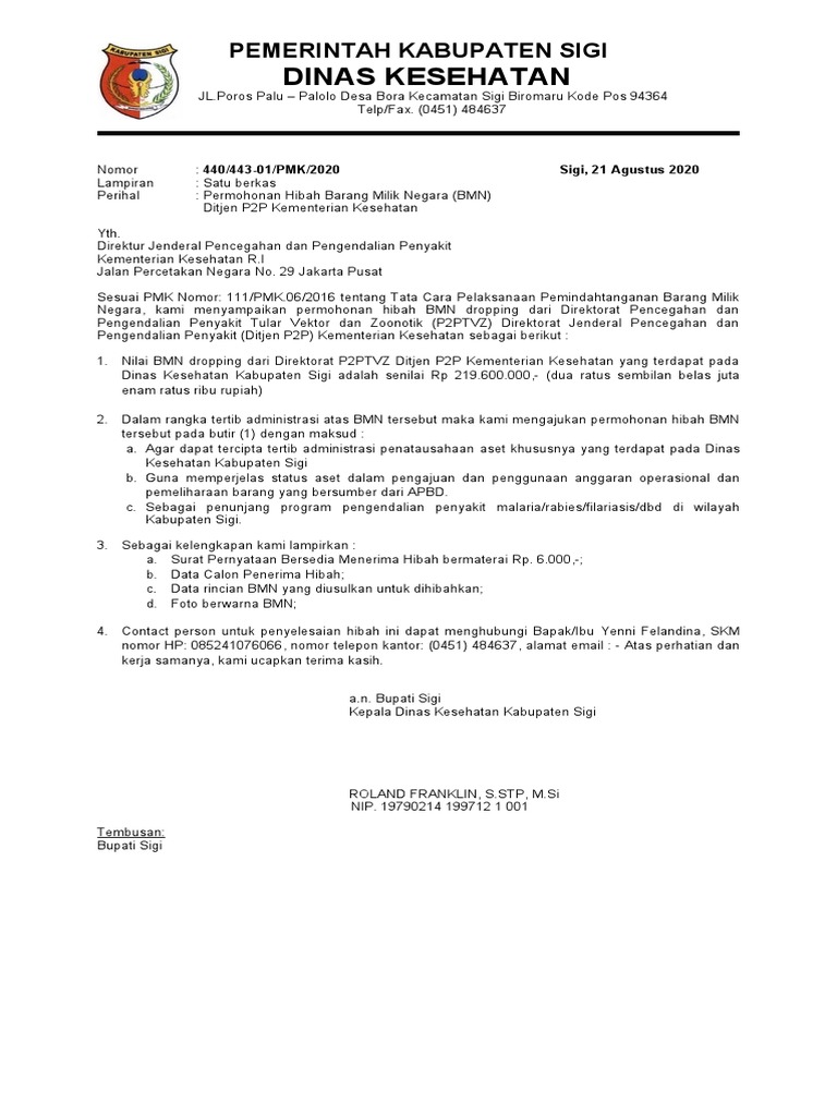 1 - Surat Permohonan Hibah BMN Dinkes - Pakai Kop Surat SKPD - Sunardi Kemenkes 2020 | PDF