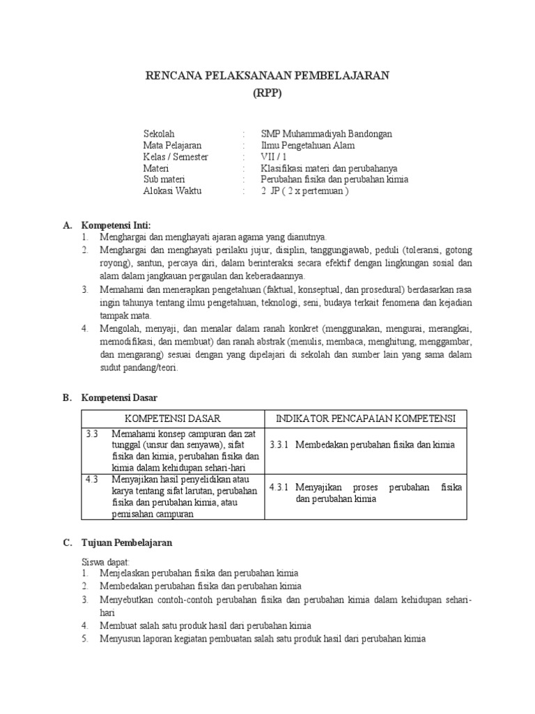 RPP PjBL Klasifikasi Perubahan Zat | PDF