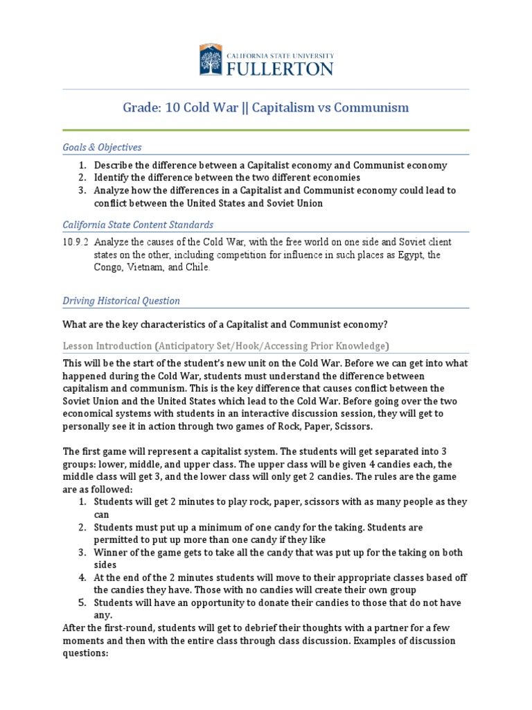 Cold War Lesson: Capitalism vs Communism | PDF | Educational Assessment ...