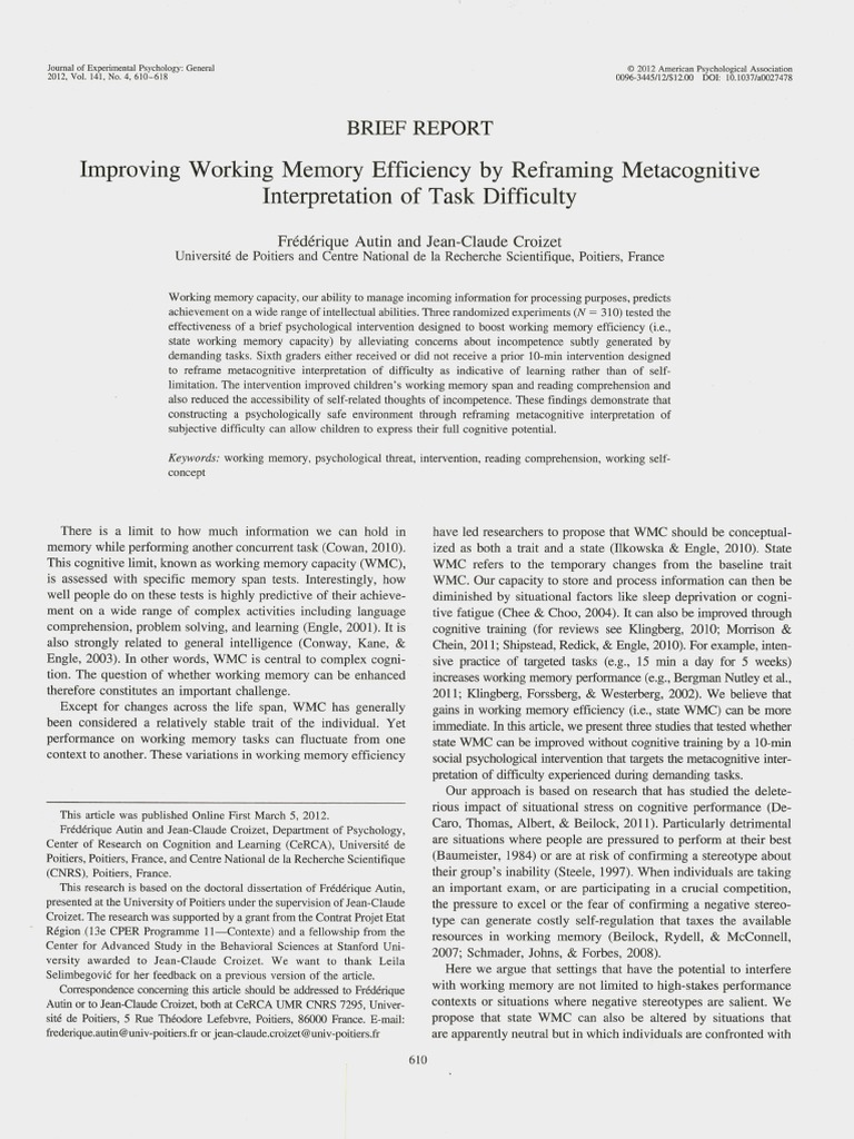 Improving Working Memory Efficiency by Reframing Metacognitive Interpretation of Task Difficulty ...
