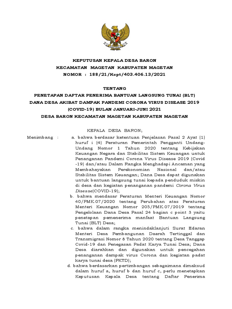 Penetapan Penerima BLT Dana Desa Baron | PDF