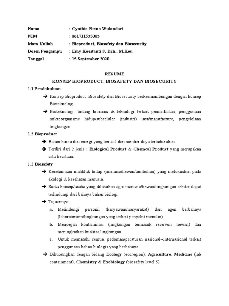 Cynthia Retno Wulandari - Konsep Bioproduk, Biosafety Dan Biosecurity | PDF