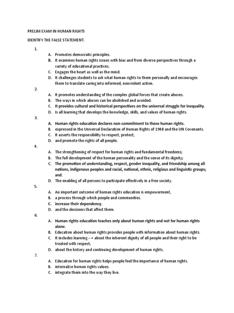 Prelim Exam in Human Rights | PDF | Human Rights | Rights