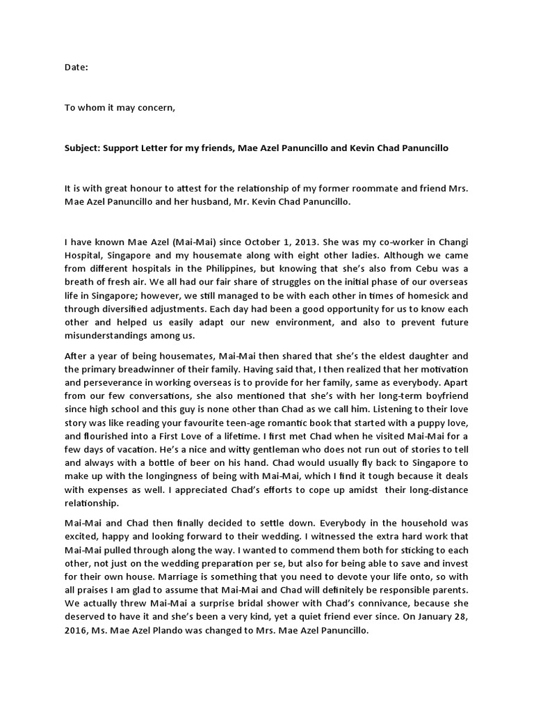 Support Letter for Mae Azel Panuncillo and Kevin Chad Panuncillo | PDF