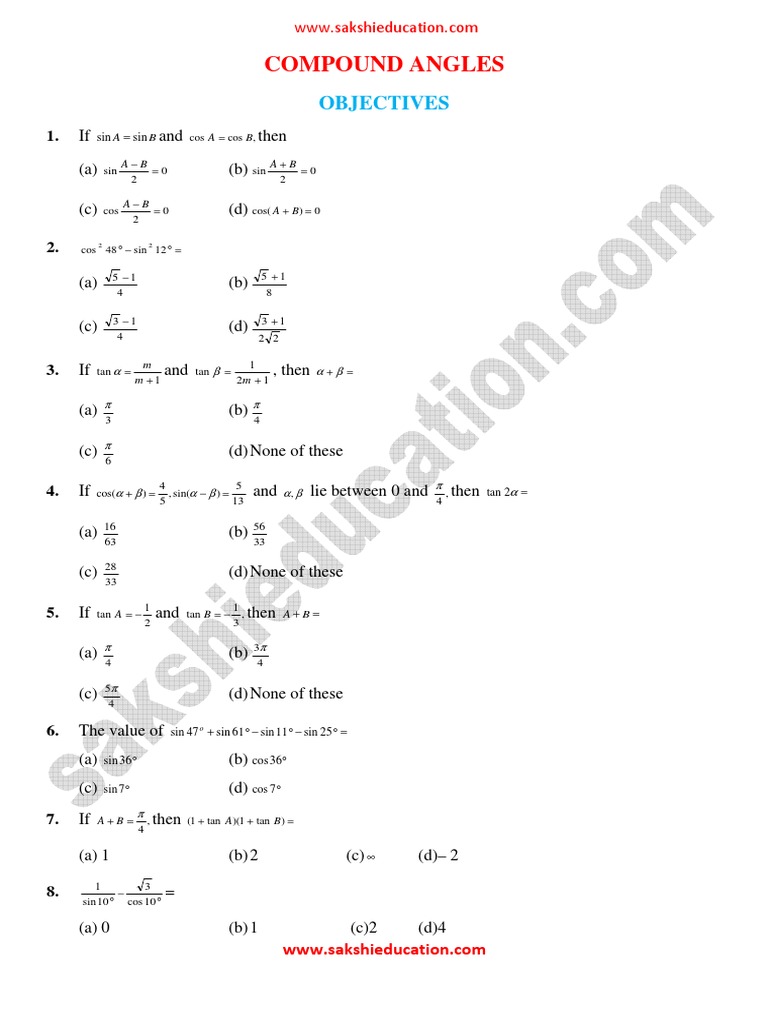 Compound Angles Pdf Trigonometric Functions Mathematical Objects