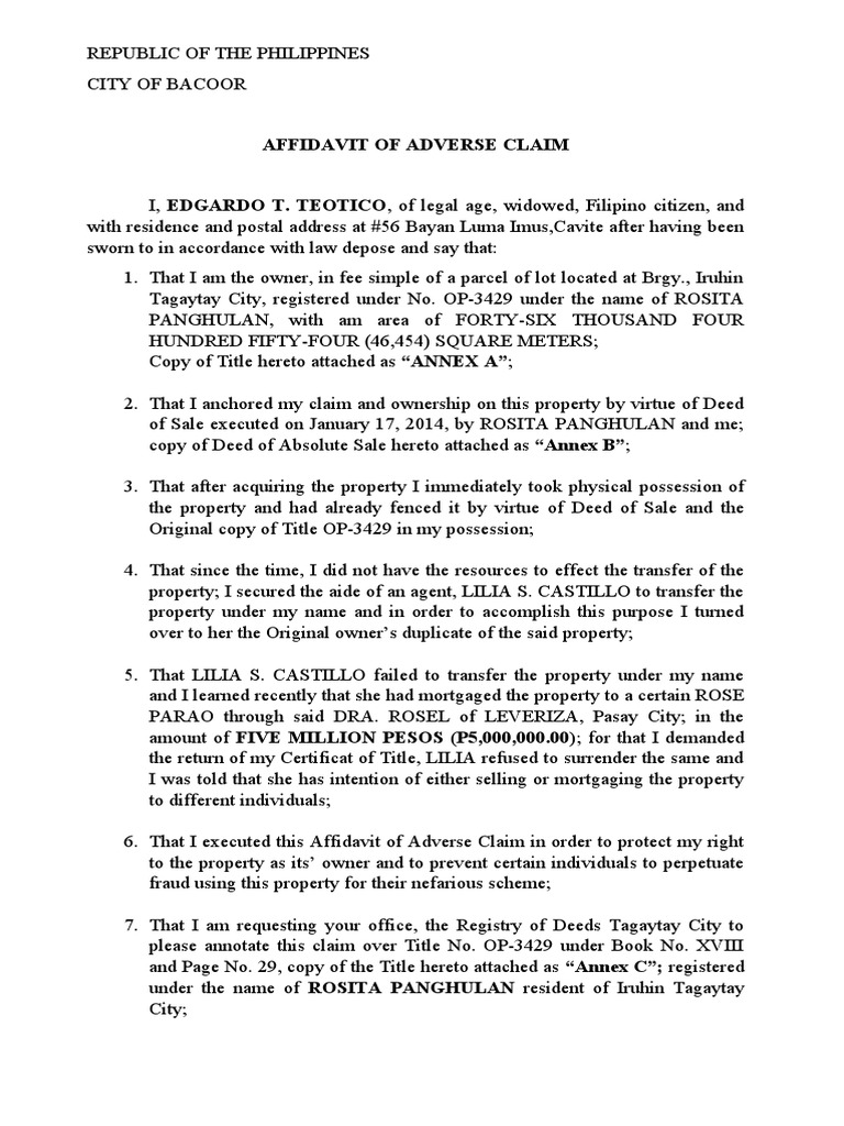 Affidavit of Adverse Claim | PDF | Affidavit | Deed