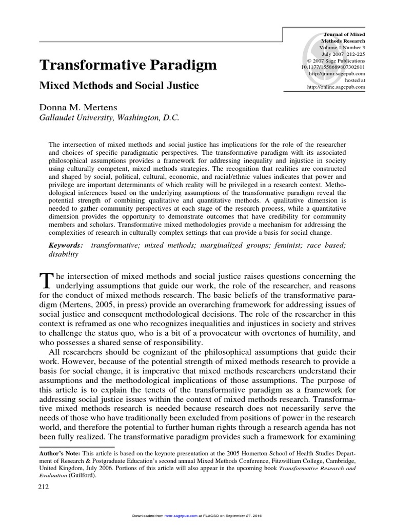Mertens (2007) - Transformative Paradigm. Mixed Methods and Social ...