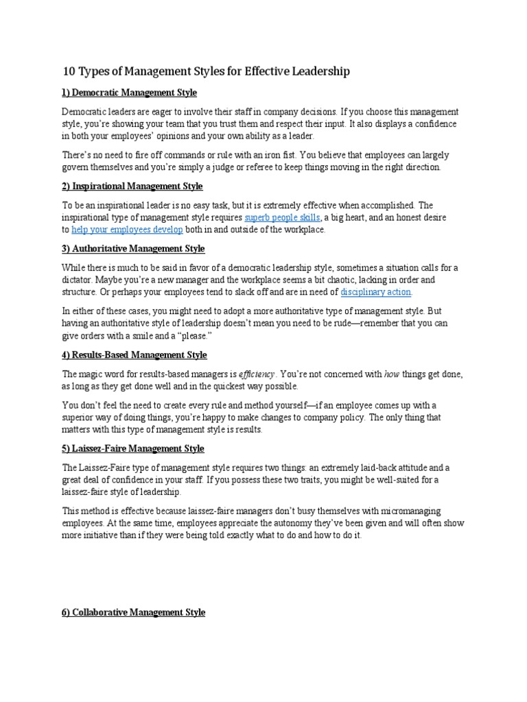 10 Effective Management Styles Explained | PDF | Leadership | Applied ...
