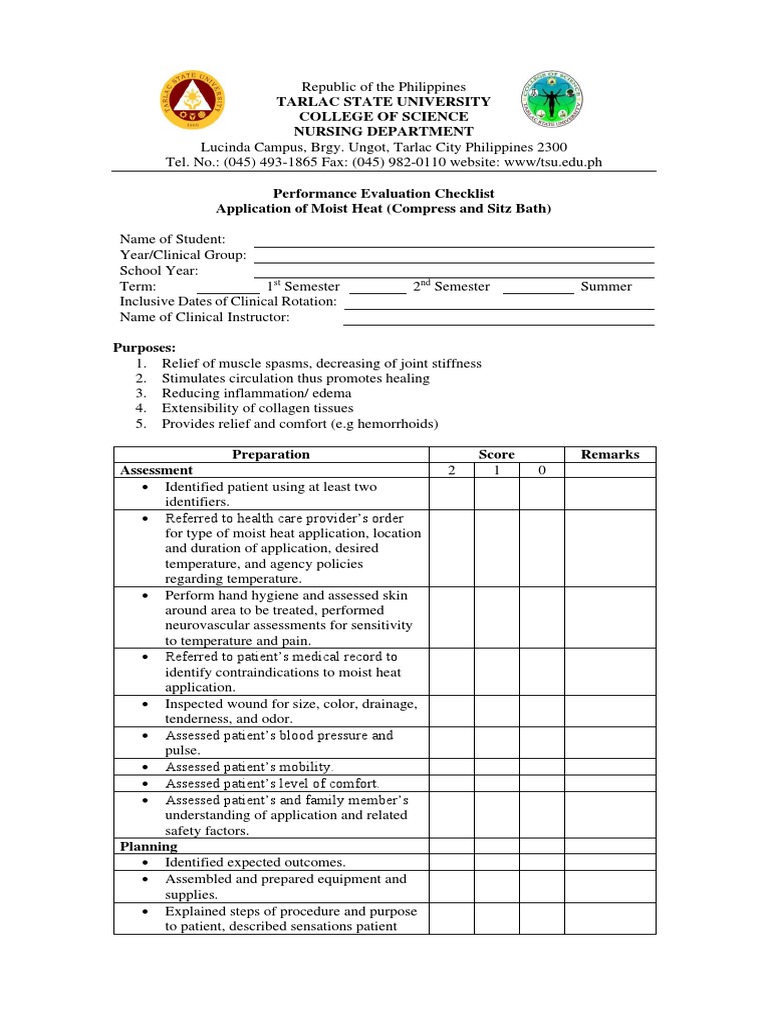 Hot and Cold Application Procedural Checklist | PDF | Hygiene | Wound